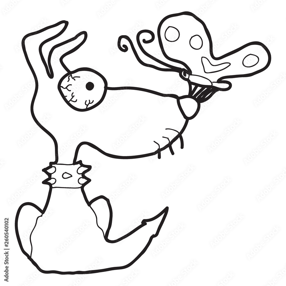 Cartoon doodle illustration of cute dog with a butterfly for coloring ...