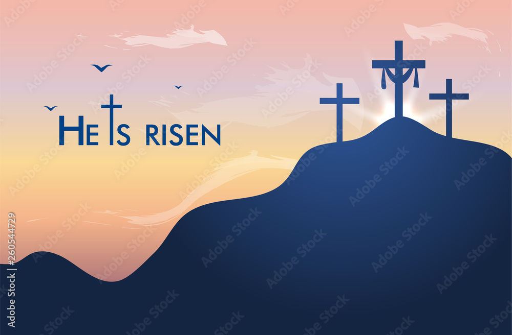 Vector landscape on religious theme with words Easter Sunday, He is ...