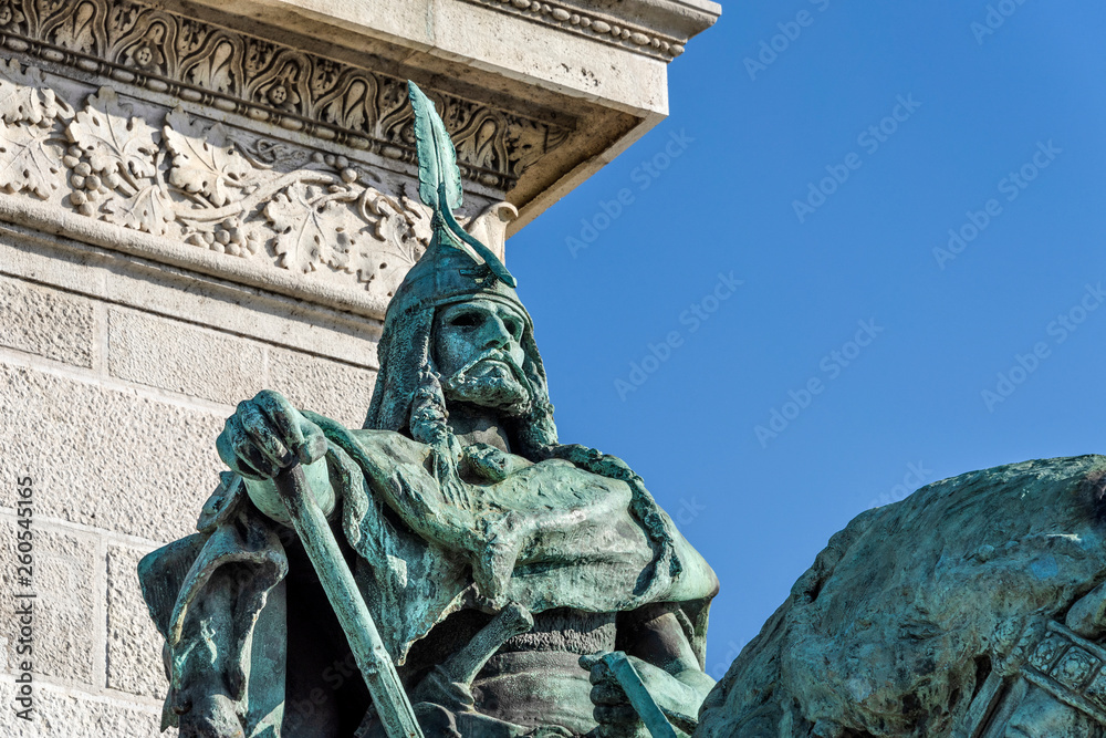 Hungary, Budapest, Hosok tere: Close up of ruler Arpad statue ruler of ...
