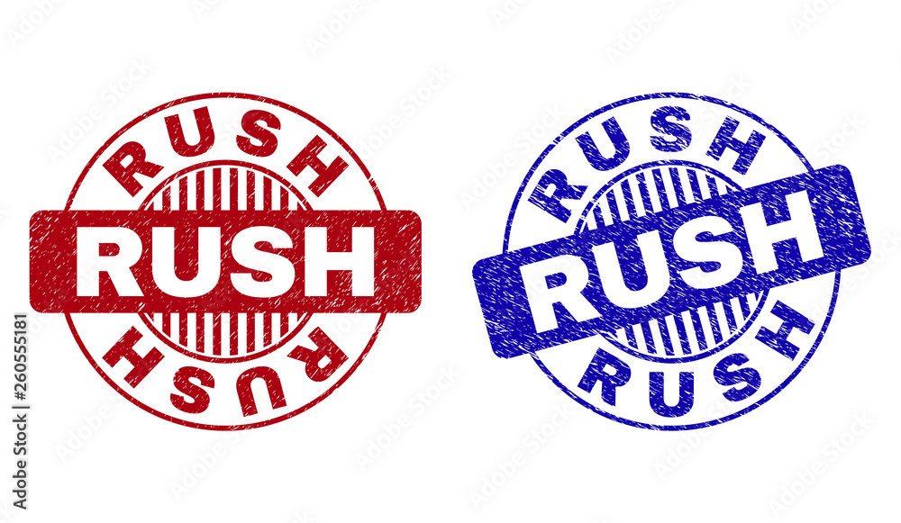 Grunge RUSH round stamp seals isolated on a white background. Round ...