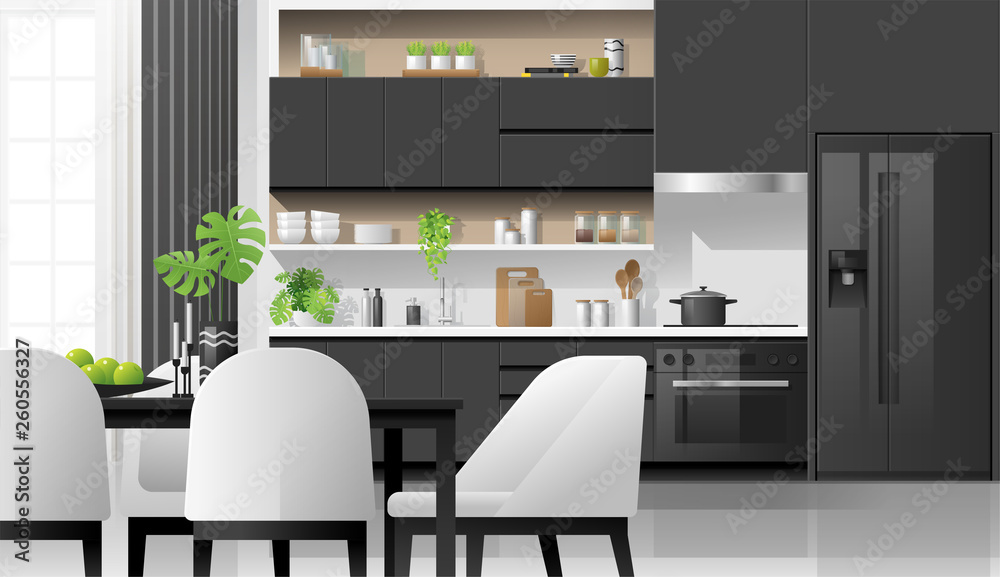 Interior background with modern black and white kitchen , vector ...
