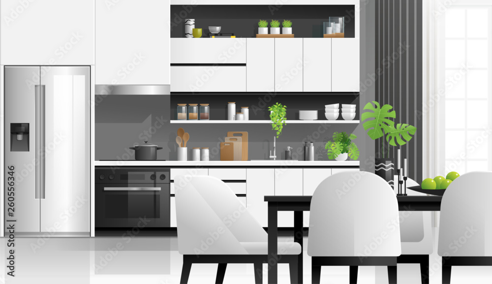 Interior background with modern black and white kitchen , vector ...