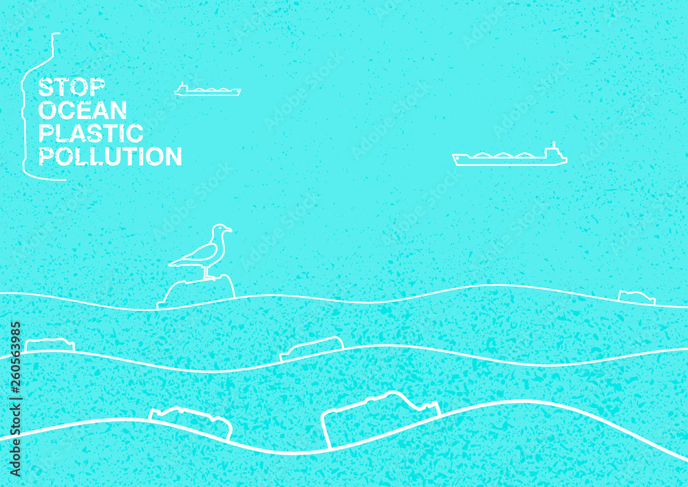 Stop the ocean of plastic pollution. Ecological concept poster on a ...