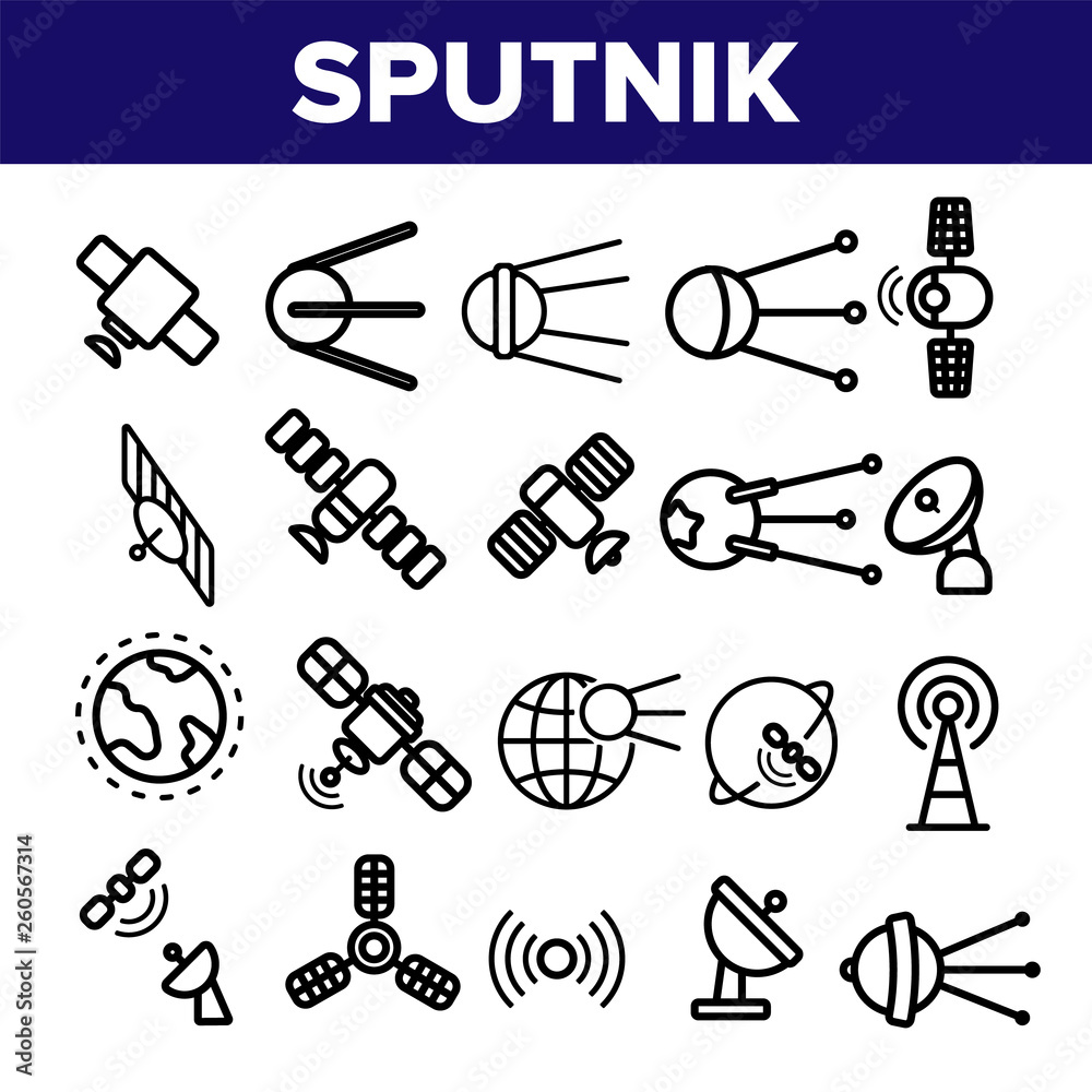 Orbital Sputnik Linear Vector Icons Set. Sputnik Thin Line Contour ...
