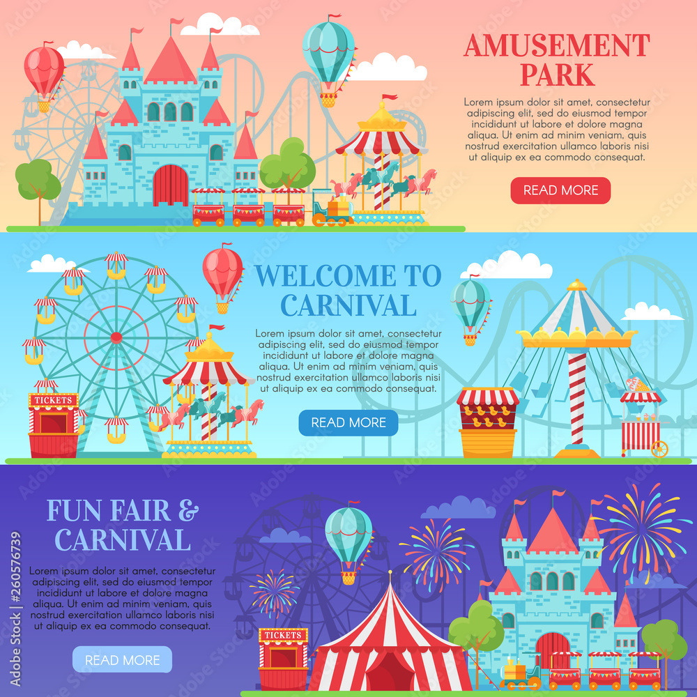 Amusement park banner. Amusing festival attractions, kids carousel and ...