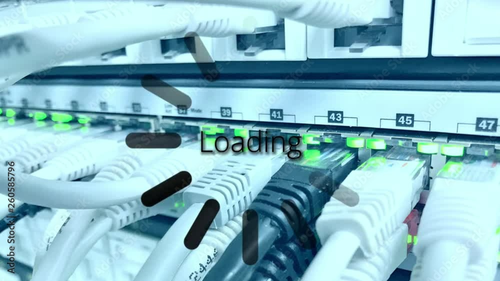 Internet loading security concept animation. Rack with green lights and ...