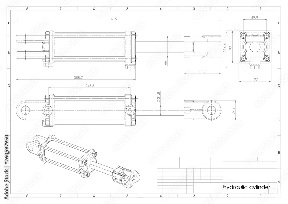 3d illustration of hydraulic cylinder above technical engineering ...