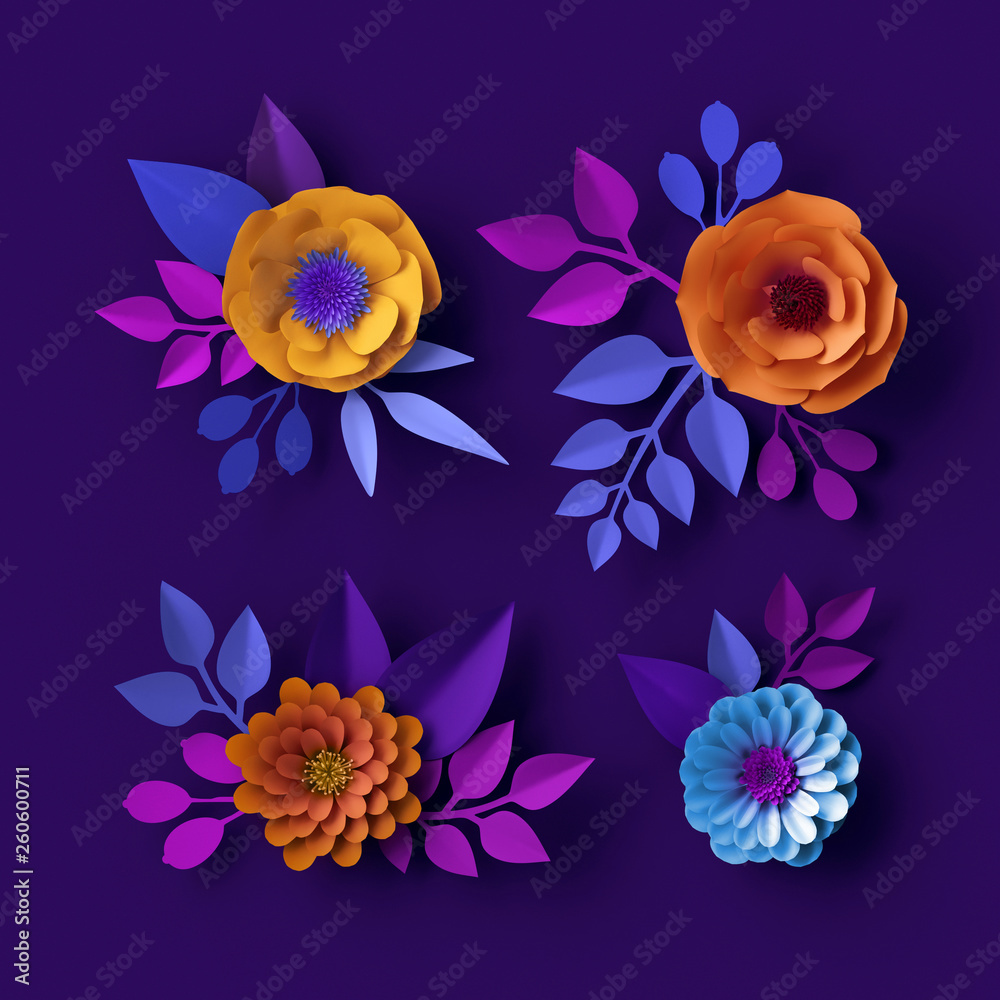 3d colorful neon paper flowers wallpaper, botanical background, spring ...