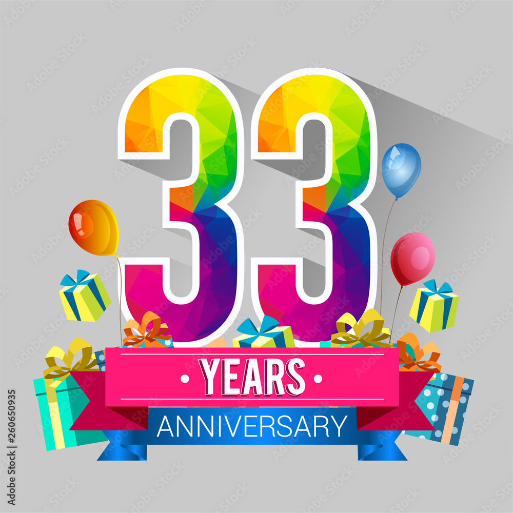 33 Years Anniversary Celebration Design, with gift box and balloons ...