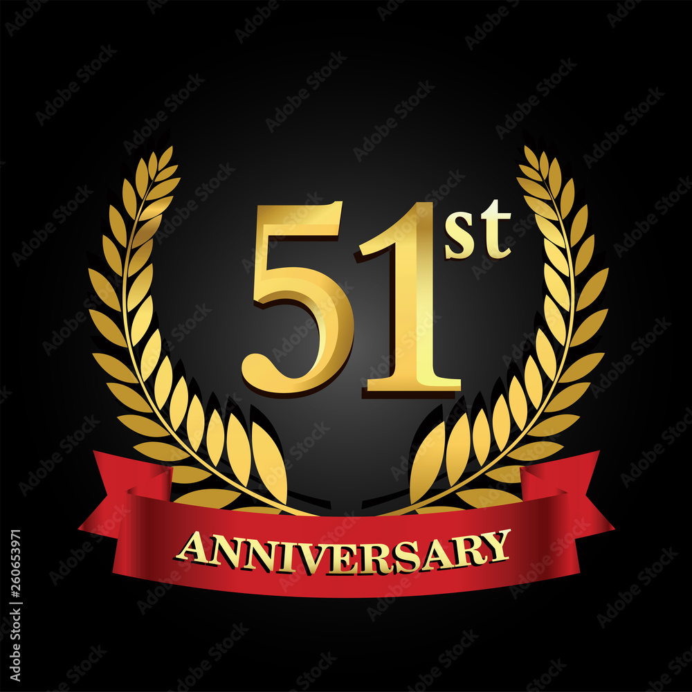 51 anniversary logo with red ribbon and golden laurel wreath, vector ...