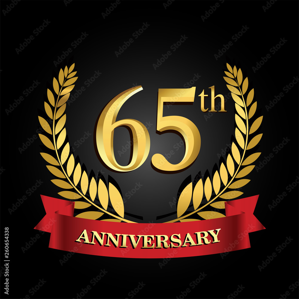 65 anniversary logo with red ribbon and golden laurel wreath, vector ...