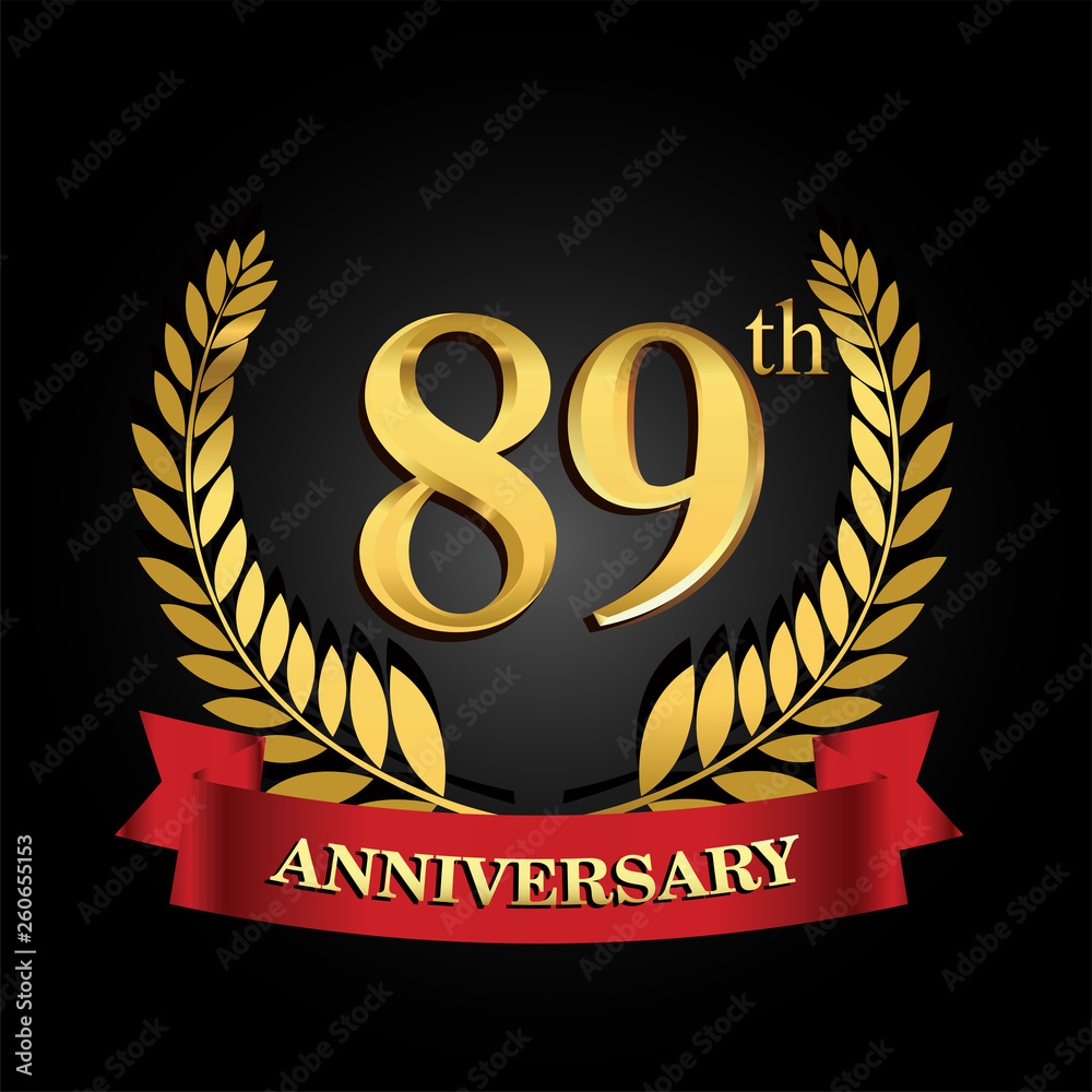89 anniversary logo with red ribbon and golden laurel wreath, vector ...