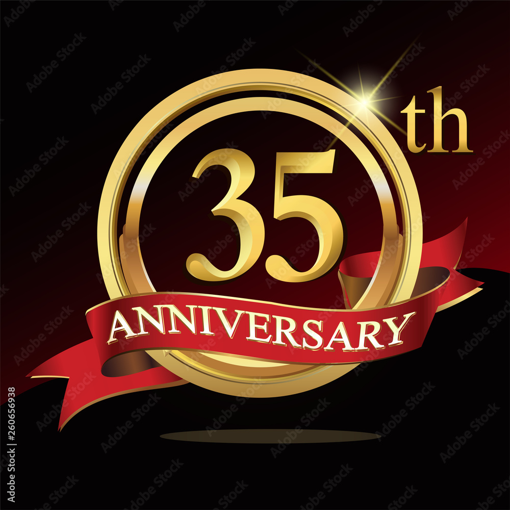 35 golden anniversary logo. with ring and ribbon. Stock Vector | Adobe ...