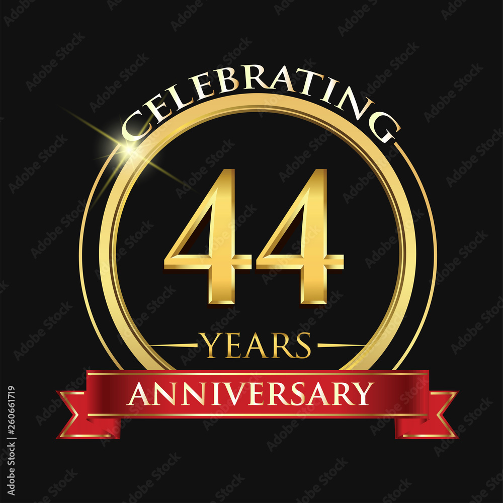 Celebrating 44 years anniversary logo. with golden ring and red ribbon ...