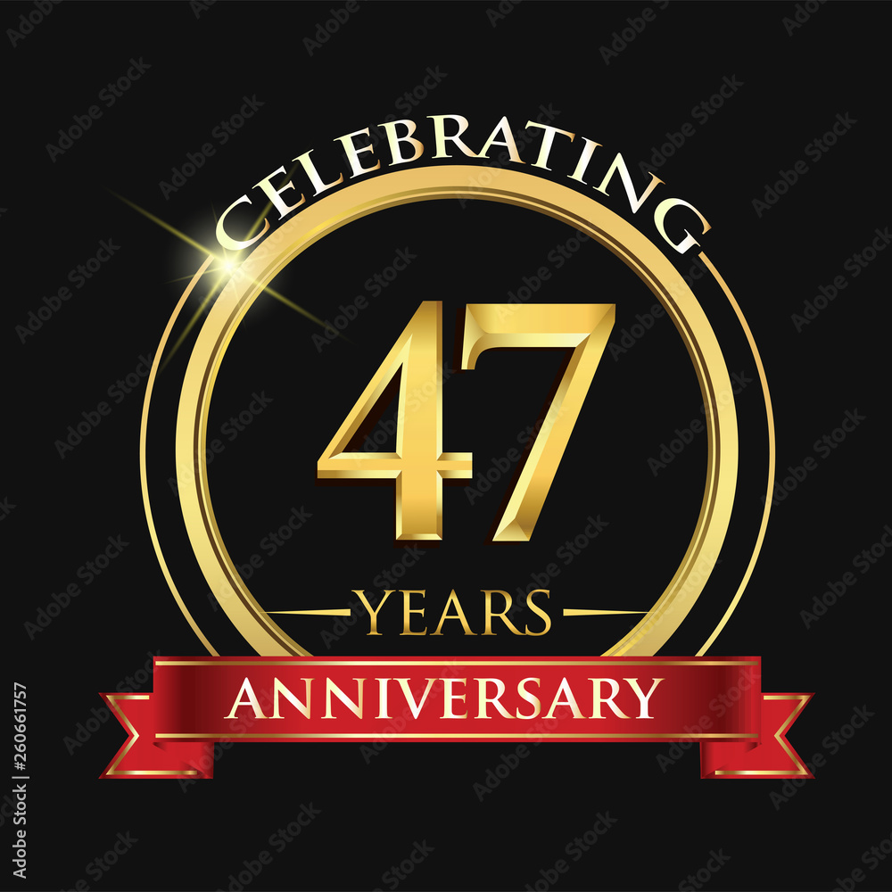 Celebrating 47 years anniversary logo. with golden ring and red ribbon ...