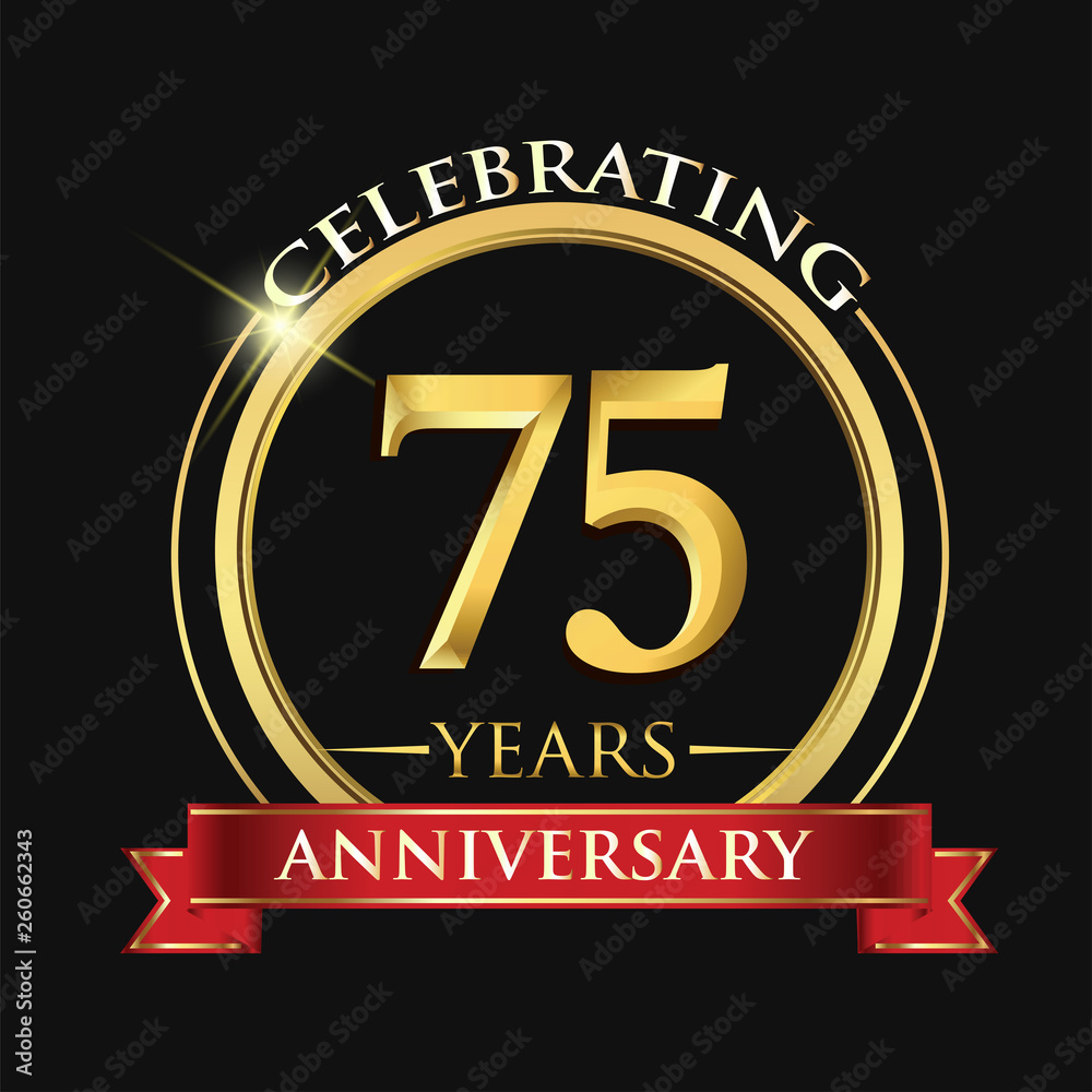 Celebrating 75 years anniversary logo. with golden ring and red ribbon ...