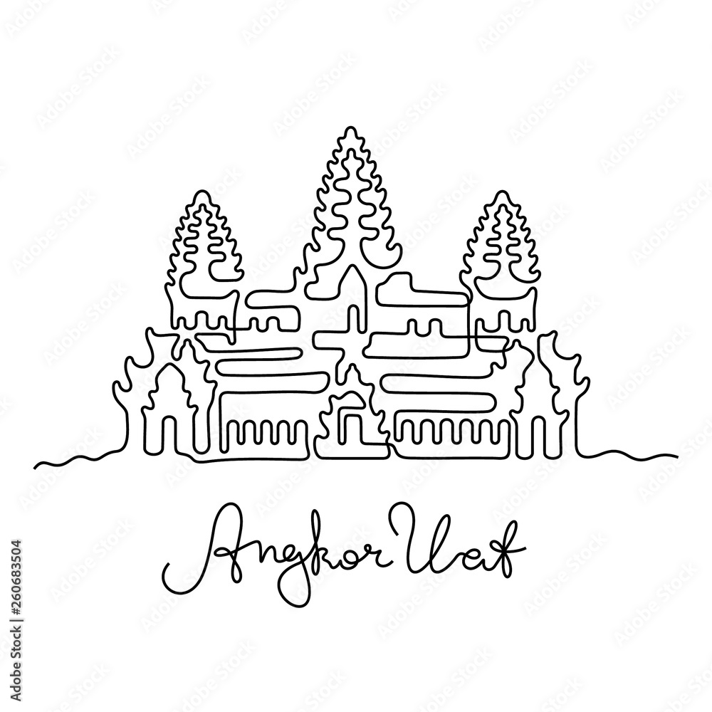 Angkor Wat, Cambodia continuous line vector illustration Stock Vector ...