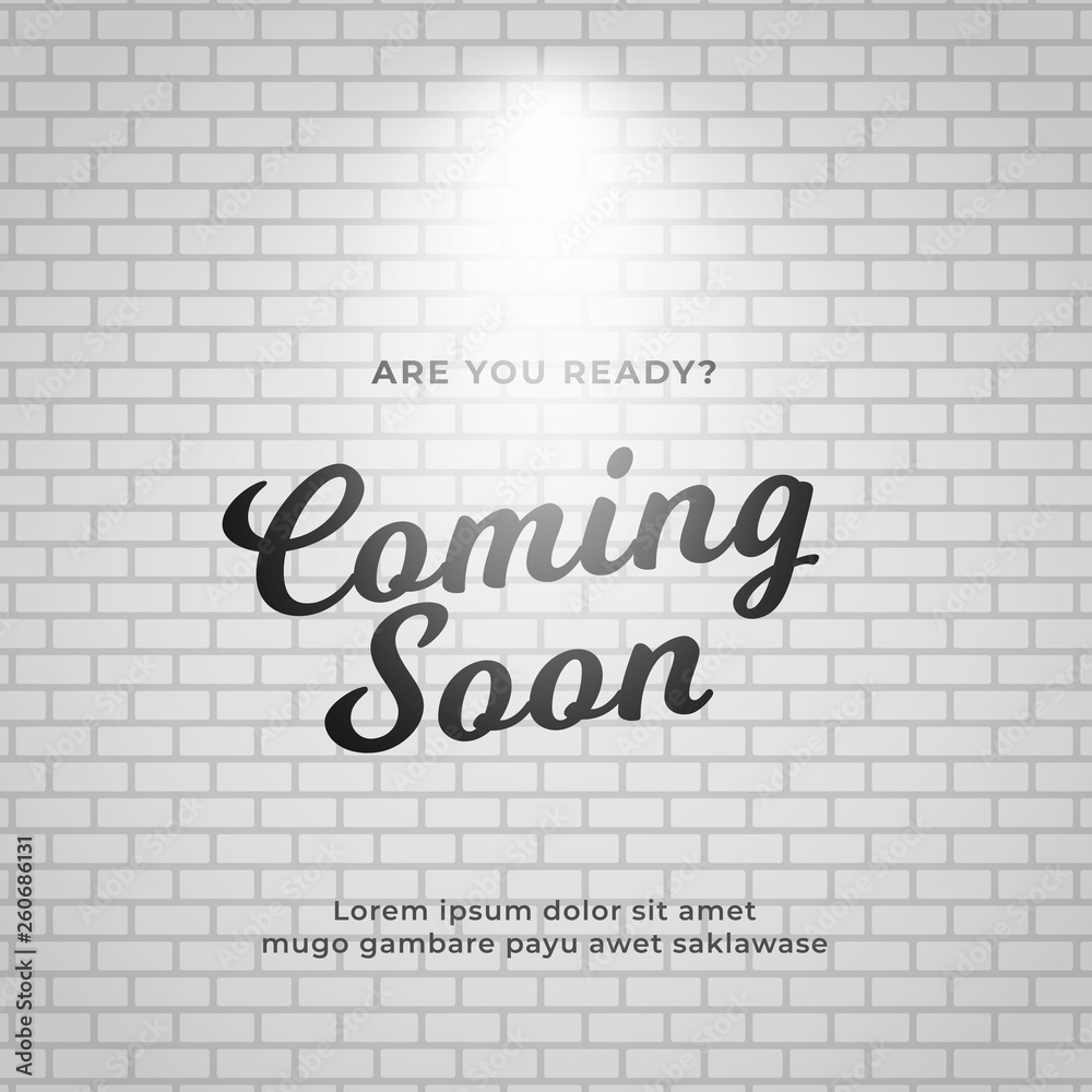 Coming soon poster background design. White brick wall backdrop vector ...