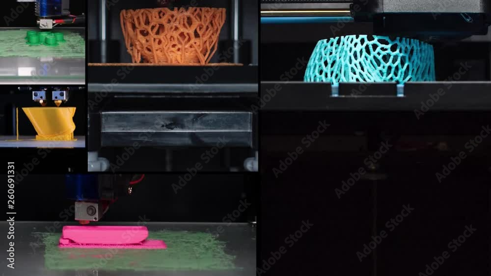 3d printing various models, view of multiple screens, the process of ...