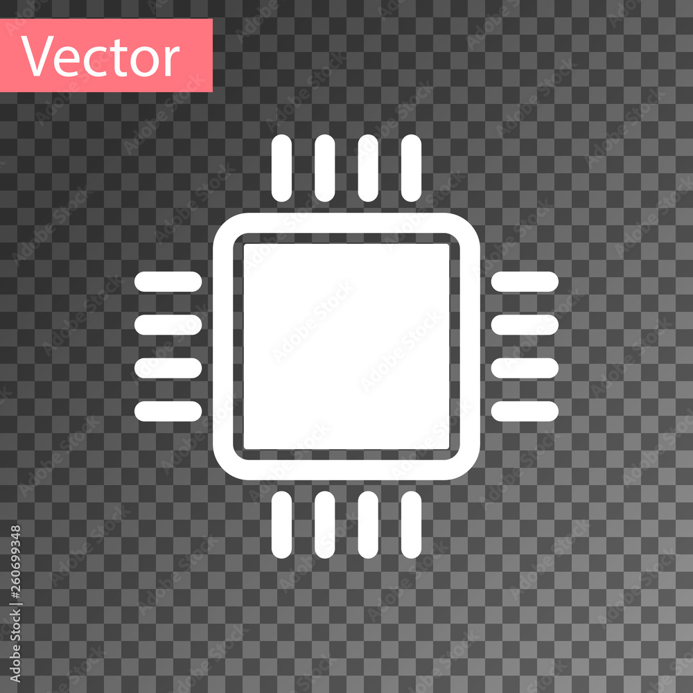 White Computer processor with microcircuits CPU icon isolated on transparent background. Chip or ...