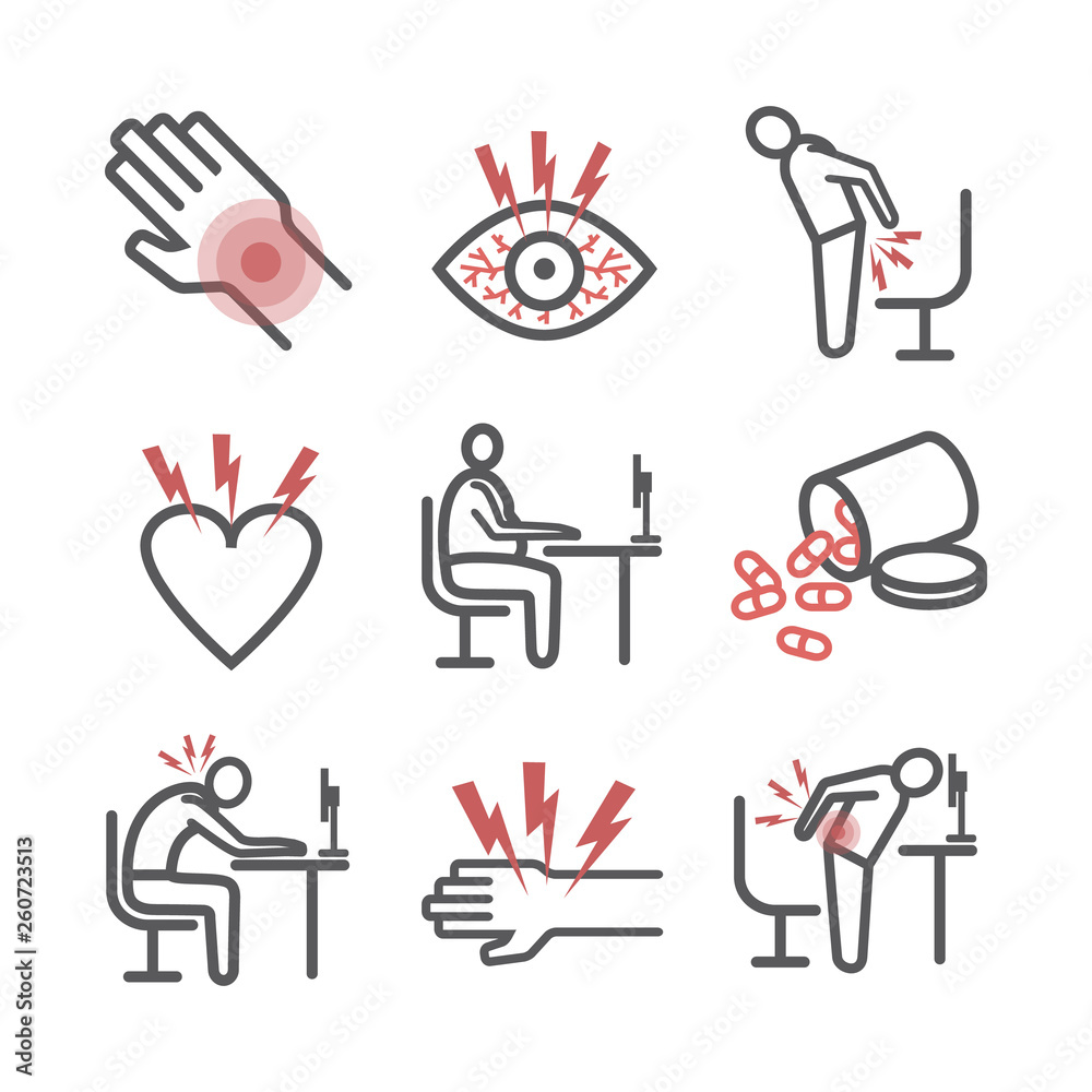 Office syndrome infographic. Line icons. Vector signs Stock Vector ...