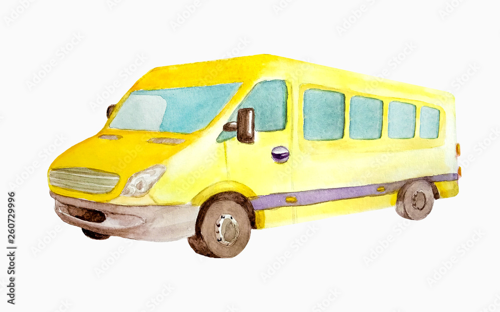 Watercolor yellow mini bus or taxi isolated on white background for ...