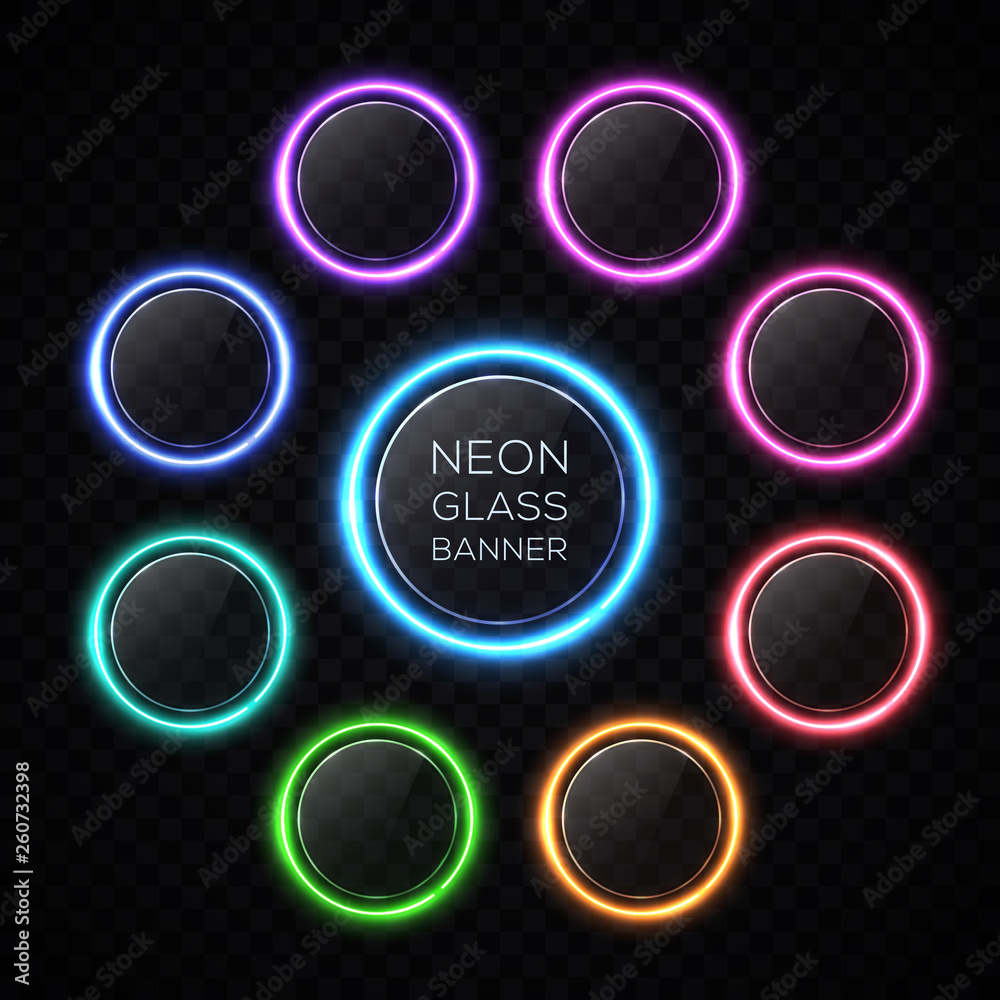 Color circle neon buttons set with light effect. Glossy glass texture ...