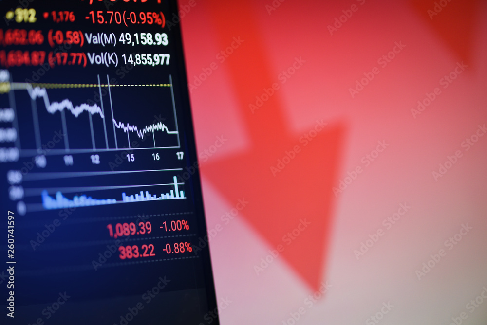 Stock crisis red price drop arrow down chart fall on mobile screen ...