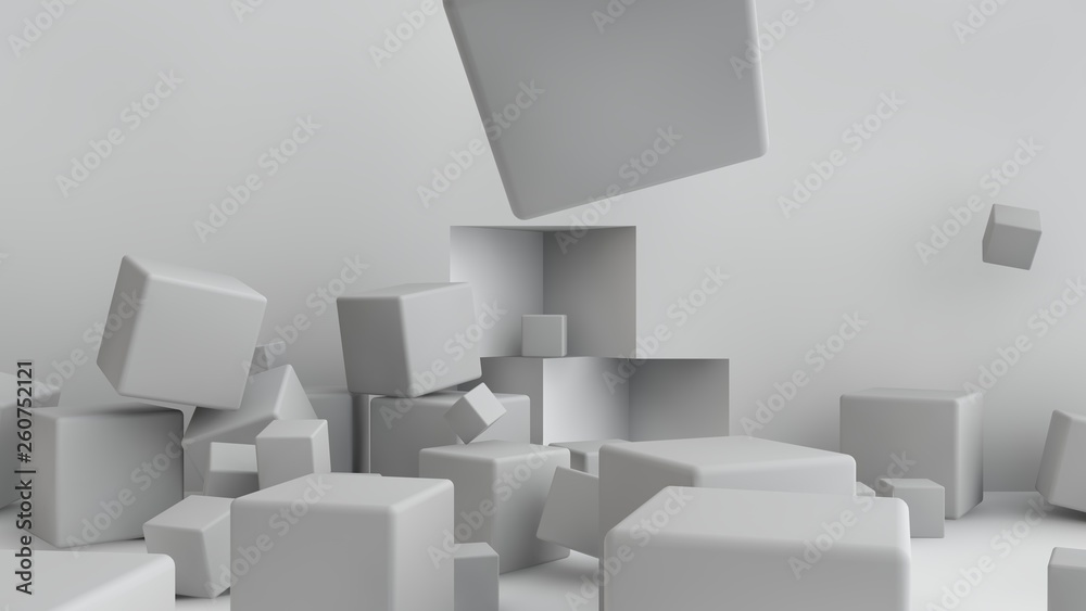 3D illustration of cubes of different size scattered randomly around ...