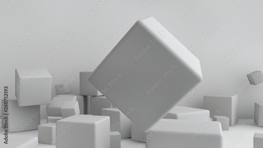 3D illustration of cubes of different size scattered randomly around ...