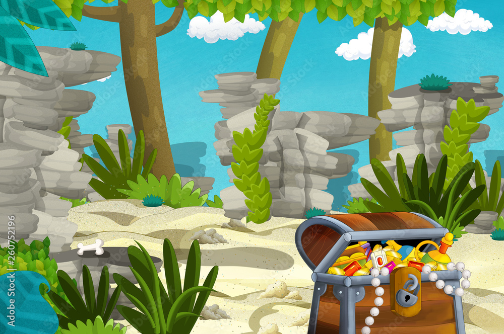 cartoon scene with treasure in the jungle - illustration for children ...