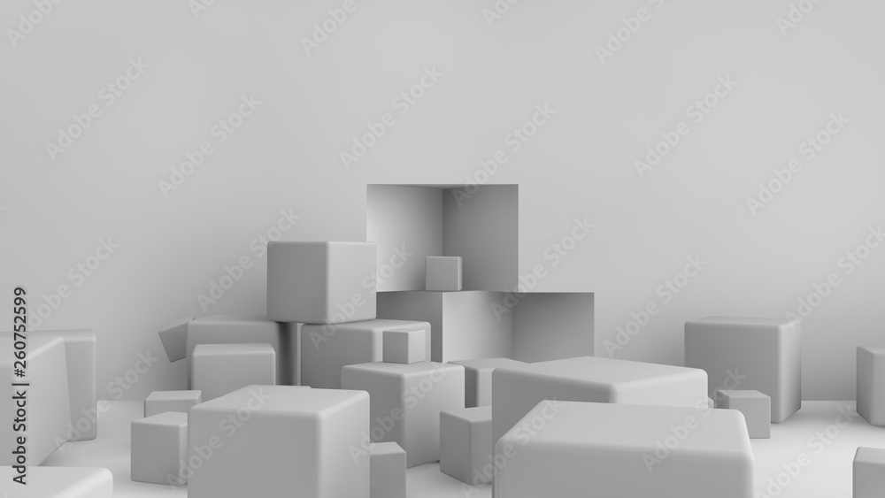 3D illustration of cubes of different size scattered randomly around ...