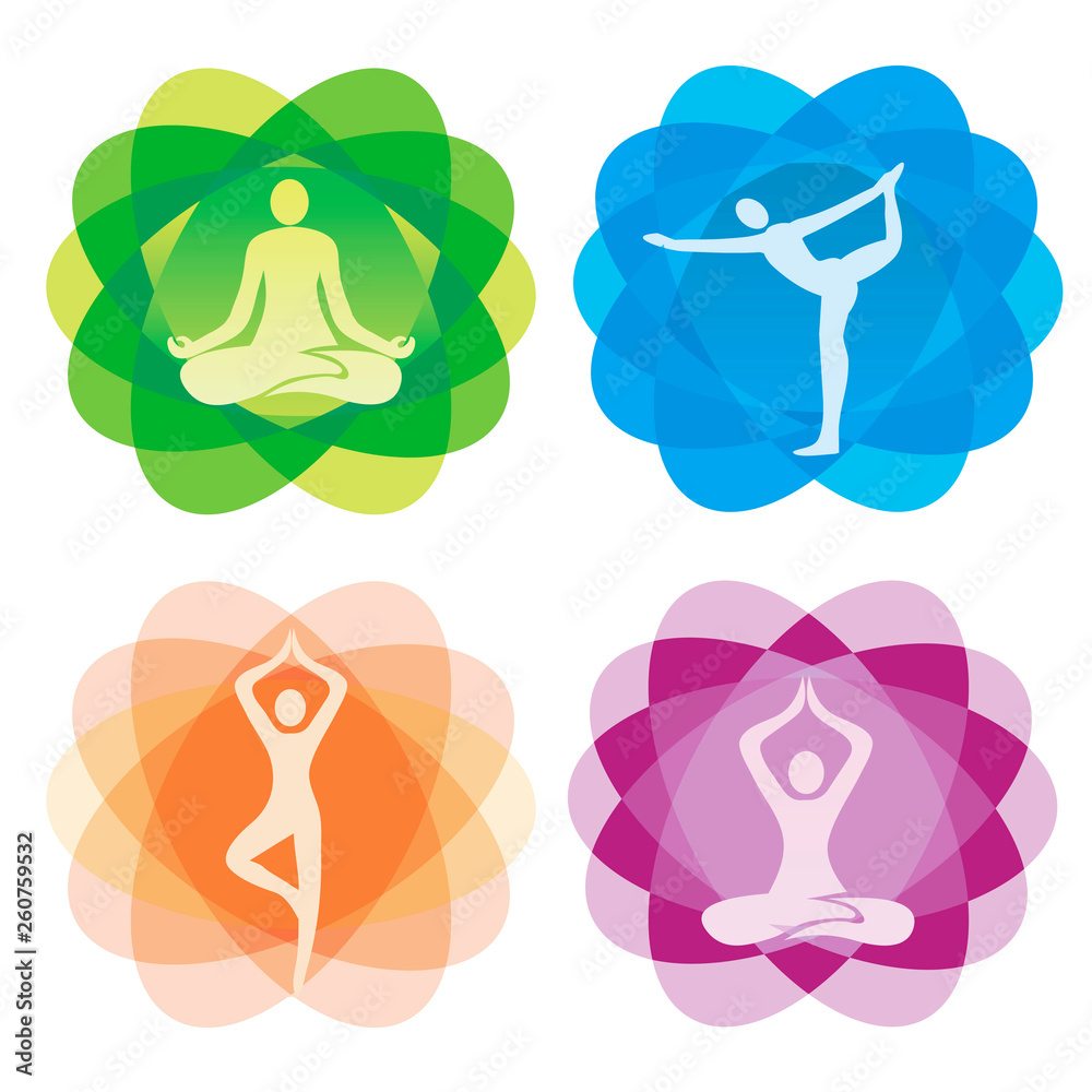 Yoga positionson icons on decorative backgrounds. Set of yoga icons on ...