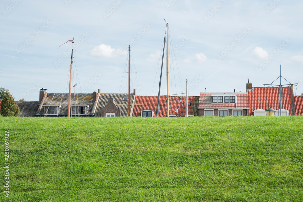 roofs of houses, mast of boat and green dike in fortified city Elburg ...