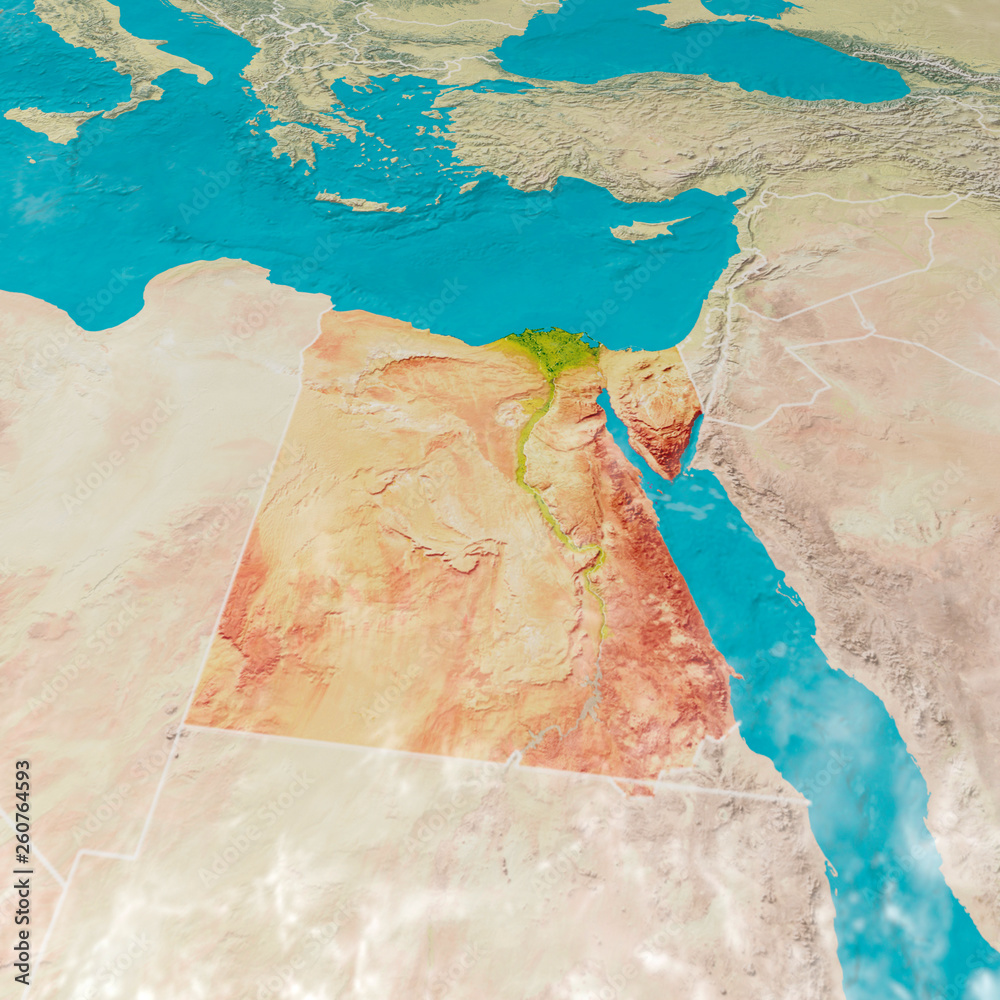 Physical map with reliefs of Egypt. 3d map of north Africa, Europe and ...