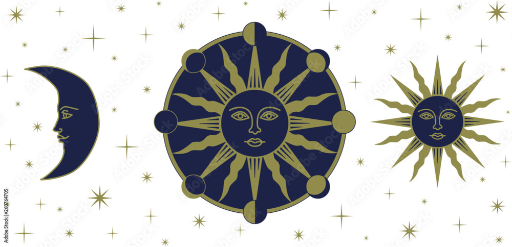 Medieval sun moon sol face moon phases stars astronomy alchemy gothic ...