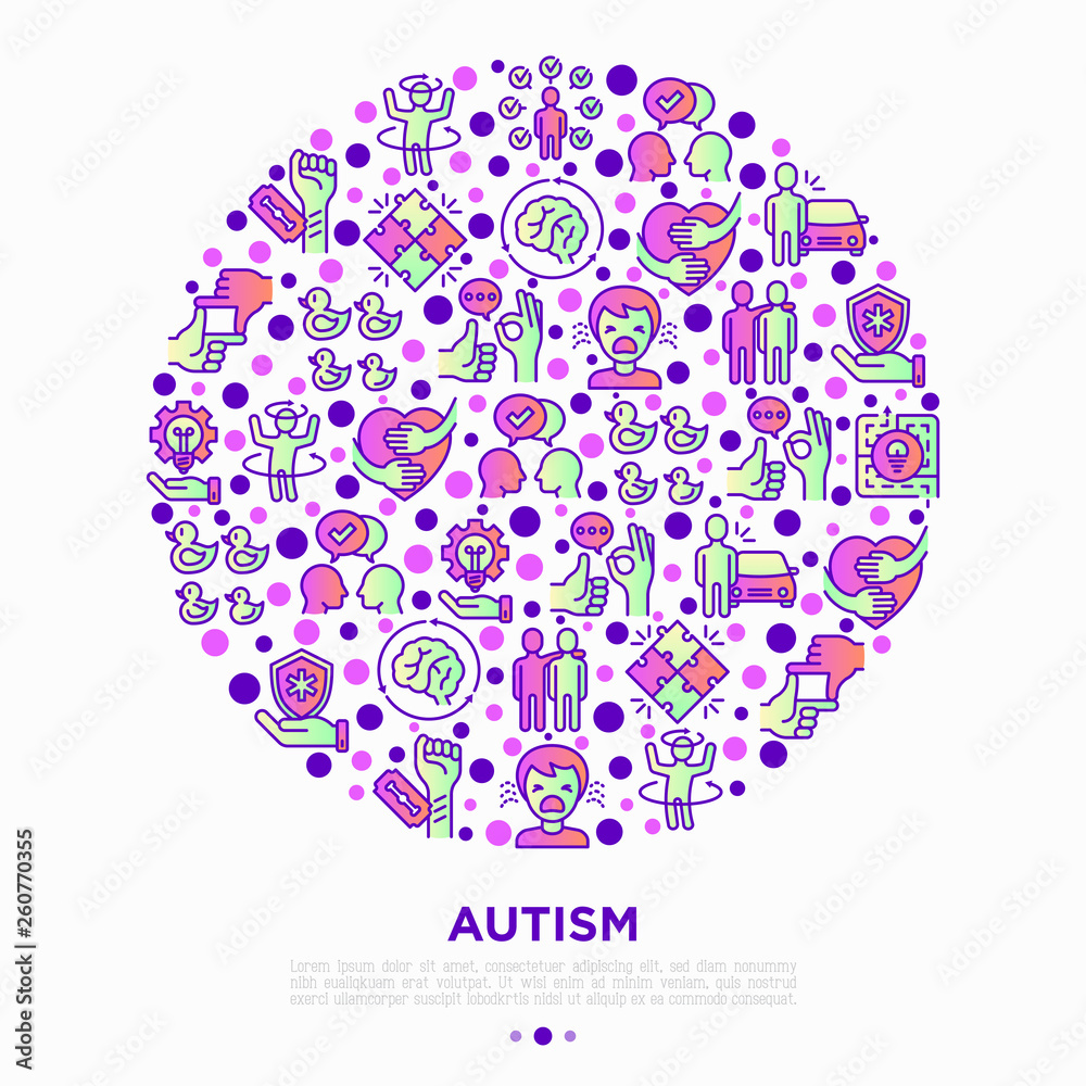 Autism concept in circle, symptoms and adaptive skills thin line icons ...