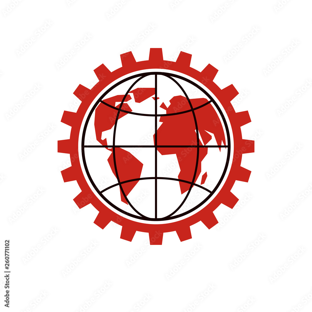 Vector Earth planet illustration surrounded by engineering cog wheel ...