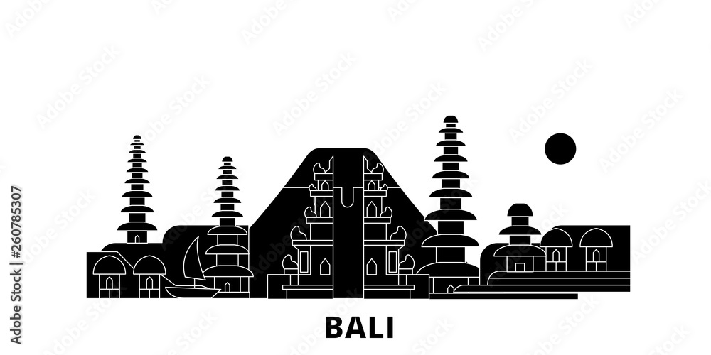 Indonesia, Bali flat travel skyline set. Indonesia, Bali black city ...