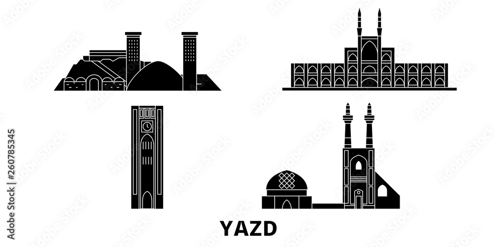 Iran, Yazd flat travel skyline set. Iran, Yazd black city vector ...