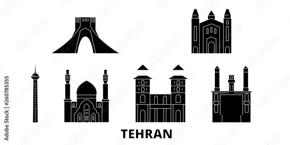 Iran, Tehran flat travel skyline set. Iran, Tehran black city vector ...