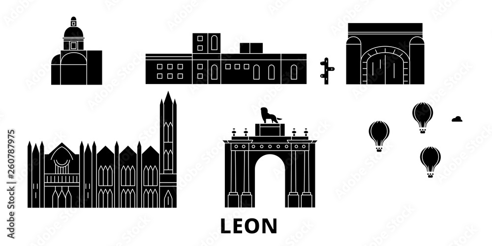 Mexico, Leon flat travel skyline set. Mexico, Leon black city vector ...