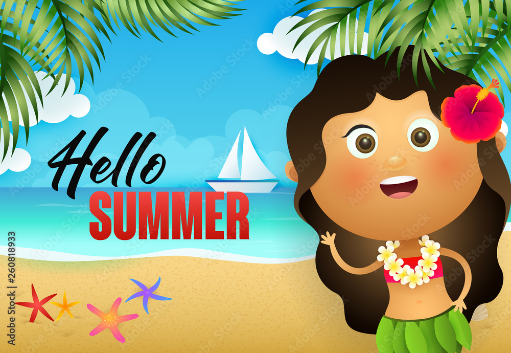 Hello summer flyer design. Hawaiian girl on tropical beach with sea and ...
