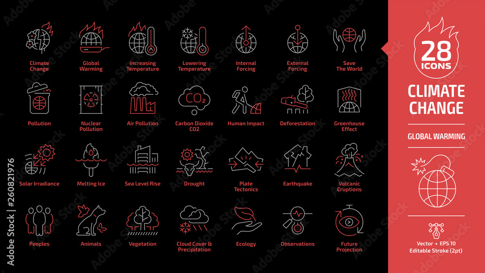 Climate change or global warming editable stroke outline danger red ...