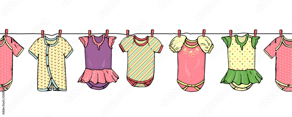 Vector seamless border pattern of baby clothes on washing line. Bright ...