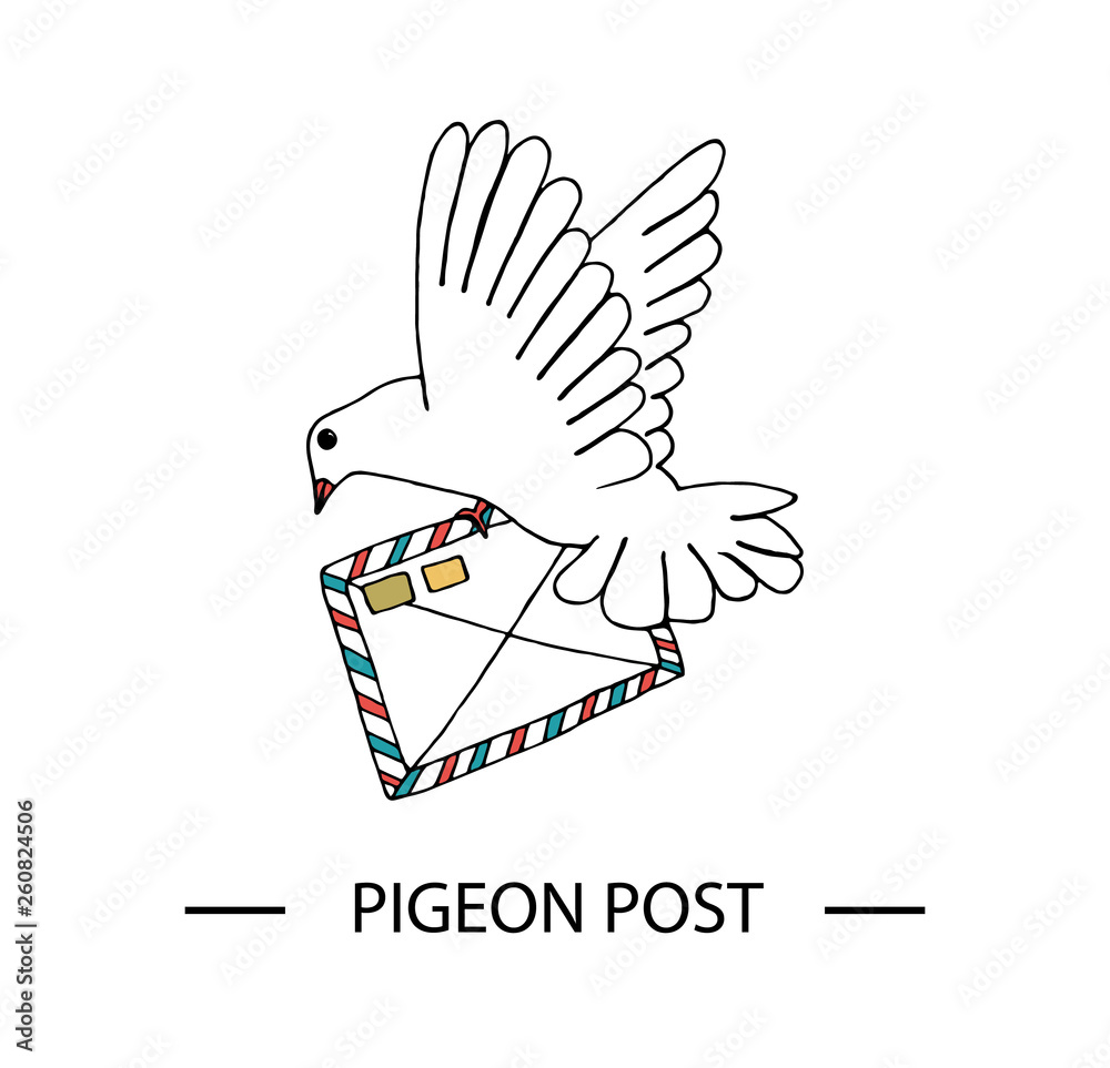 Vector illustration of pigeon carrying a letter with stamps. Hand drawn ...