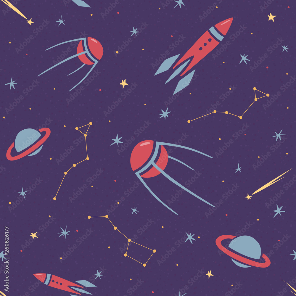 Seamless space pattern for kids with stars, rocket, constellation ...