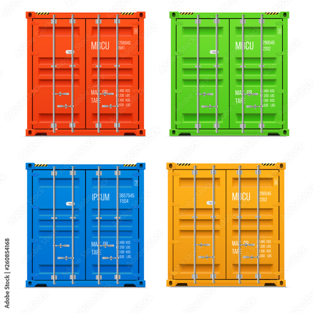 Realistic closed cargo containers. Frontal view. Vector set Stock ...