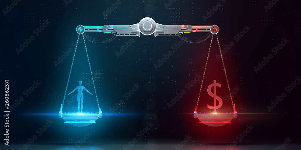 cyber digital scales with human on one side and business dollar sign on ...