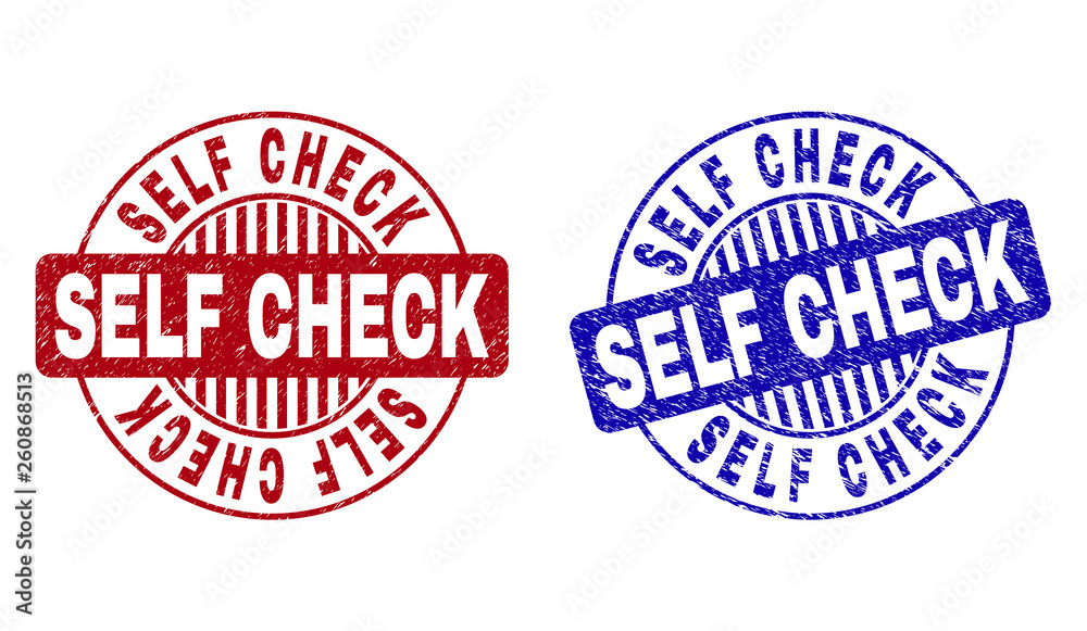 Grunge SELF CHECK round stamp seals isolated on a white background ...
